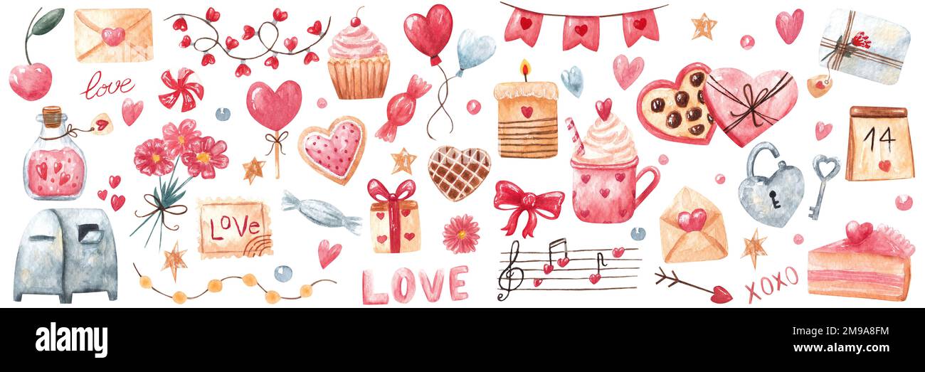 Big watercolor set of design elements for Valentines day. Cute ...