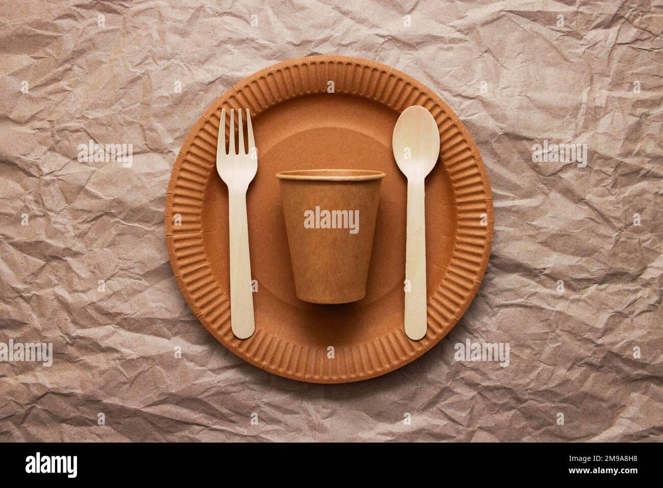 Wooden fork, spoon on cardboard plate on crumpled paper background ...