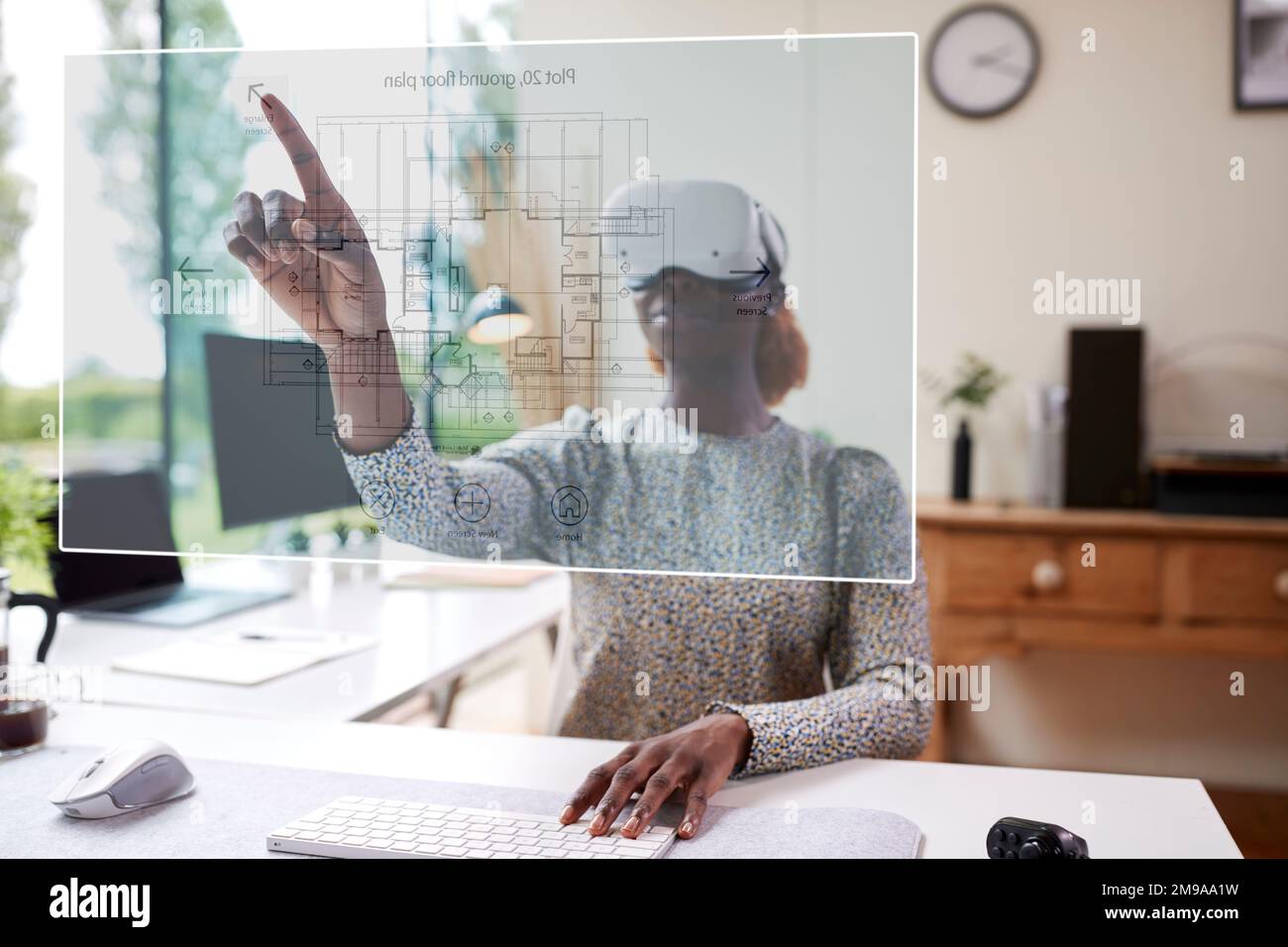 Female Architect At Home Office Wearing VR Headset Using AR Technology ...