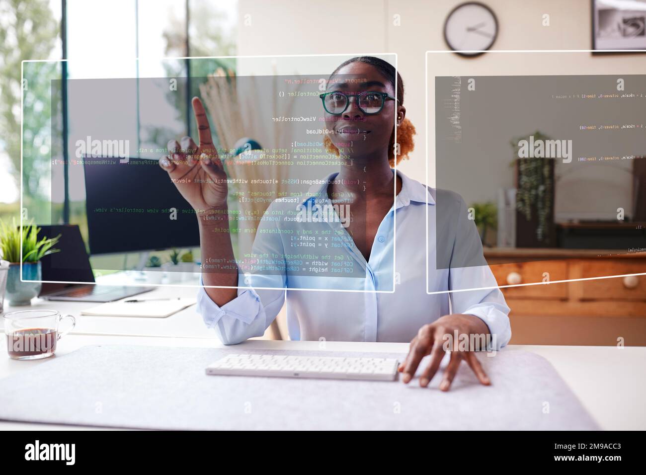 Woman Working From Home Office Looking At Projected Screen Interacting ...