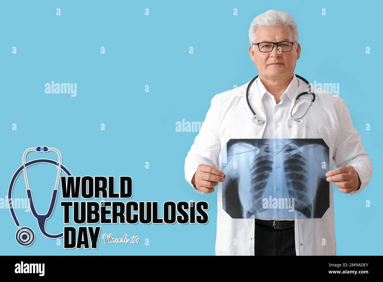 Male doctor with x-ray image and text WORLD TUBERCULOSIS DAY on light ...