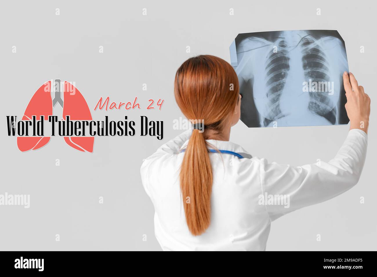 Female doctor with x-ray image and text WORLD TUBERCULOSIS DAY on light ...