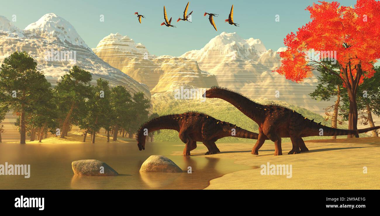 Alamosaurus Dinosaur Autumn - A flock of Dsungaripterus Pterosaurs fly ...