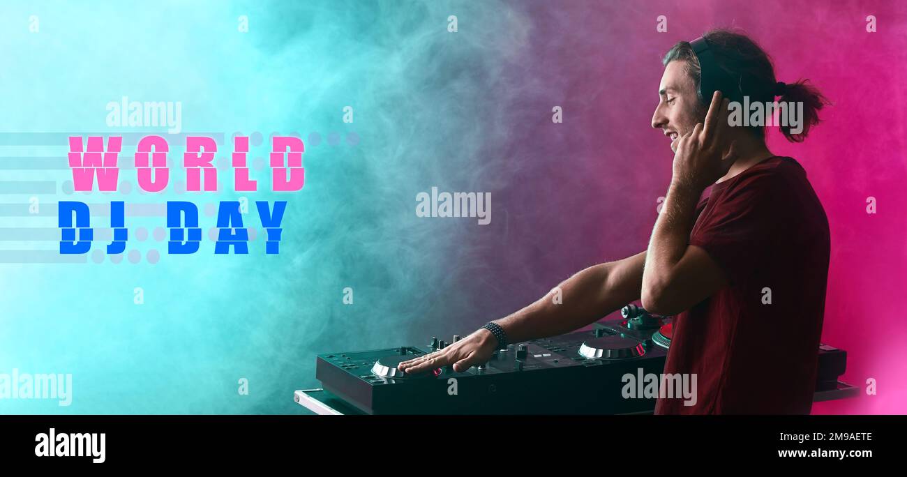 Male dj playing music in nightclub. Banner for World DJ Day Stock Photo ...