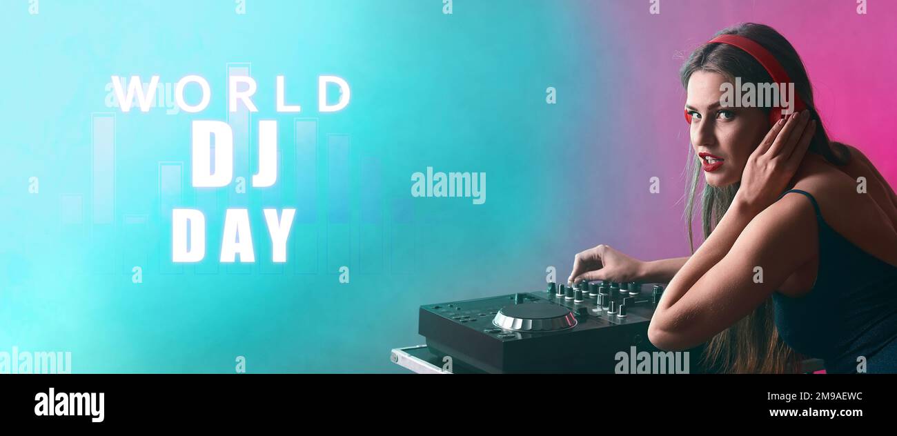Female dj playing music in nightclub. Banner for World DJ Day Stock ...