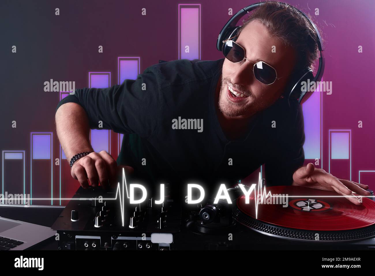 Male dj playing music in nightclub. Poster for World DJ Day Stock Photo ...