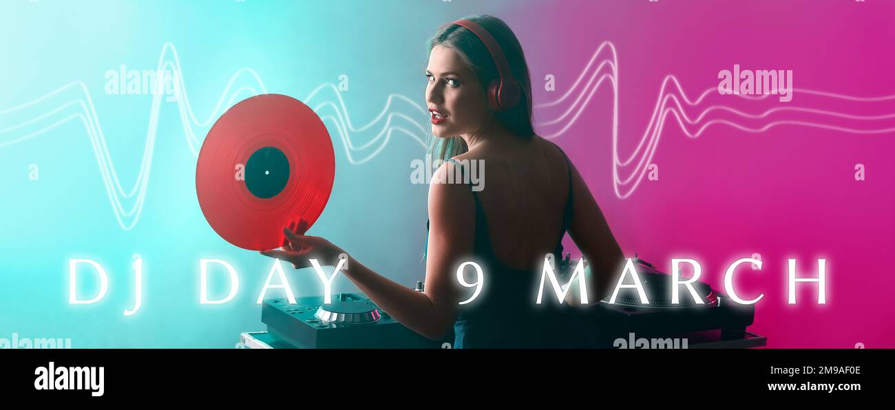 Female dj playing music in nightclub. Banner for World DJ Day Stock ...