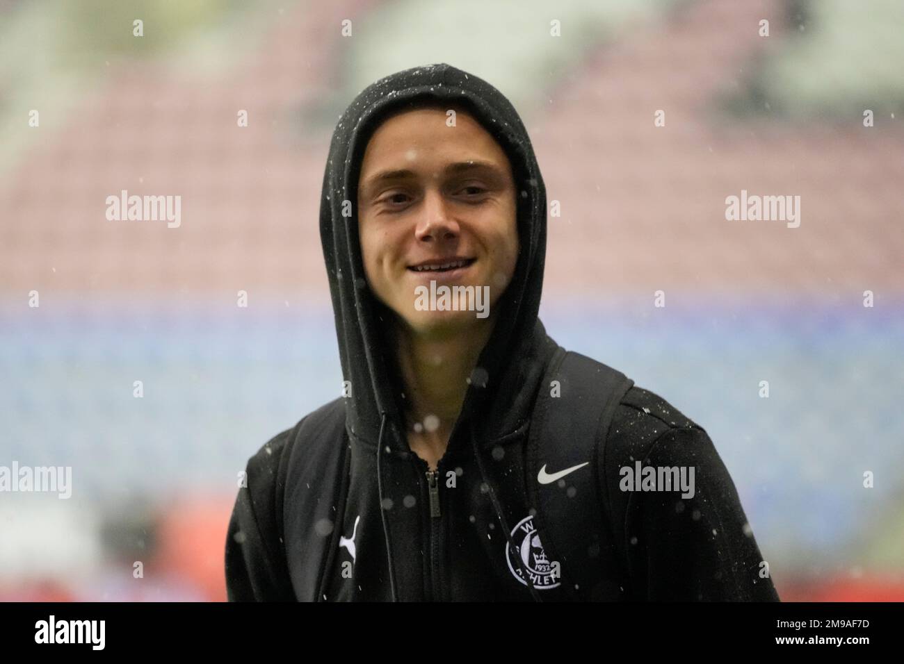 Thelo Aasgaard #30 of Wigan Athletic arrives at the stadium before the ...