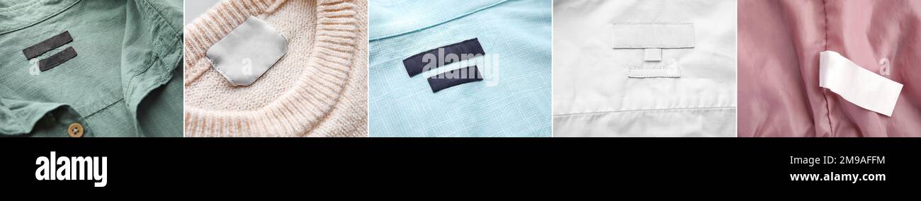 Set of labels on clothes, closeup view Stock Photo - Alamy