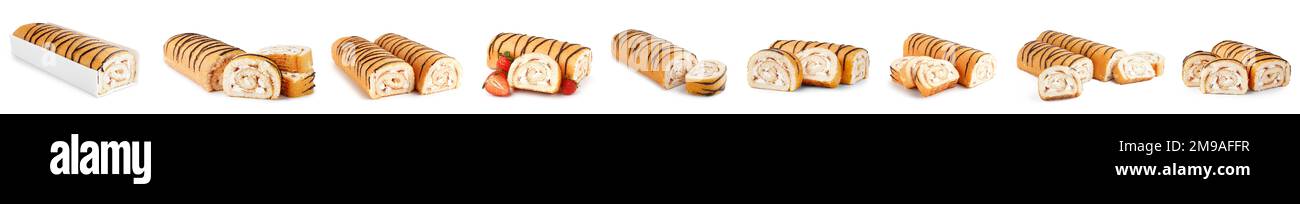 Collage of delicious sponge cake rolls on white background Stock Photo ...