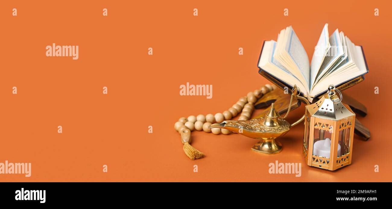 Aladdin lamp of wishes, prayer beads, Koran and Muslim lantern for ...