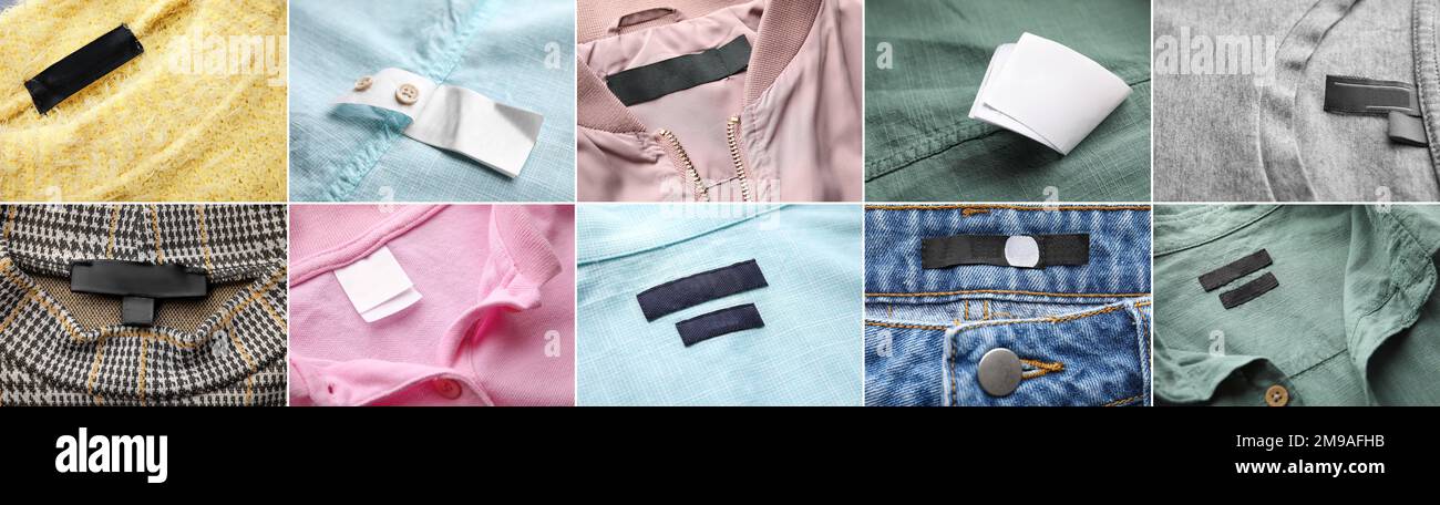 Set of labels on clothes, closeup view Stock Photo - Alamy