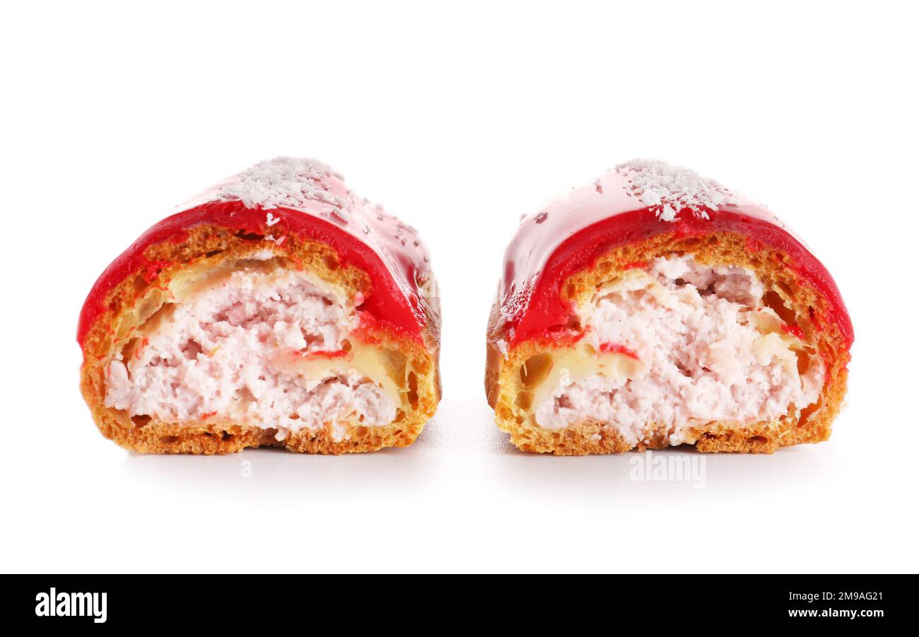 Halves of delicious eclairs isolated on white background Stock Photo ...
