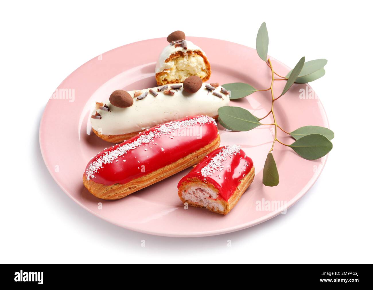Plate with delicious eclairs isolated on white background Stock Photo ...