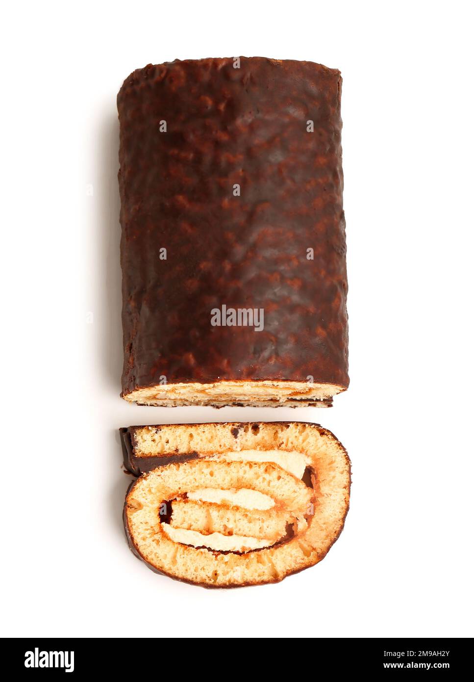 Delicious chocolate sponge cake roll on white background Stock Photo ...