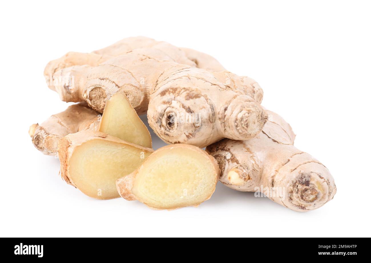 Fresh ginger roots on white background Stock Photo - Alamy