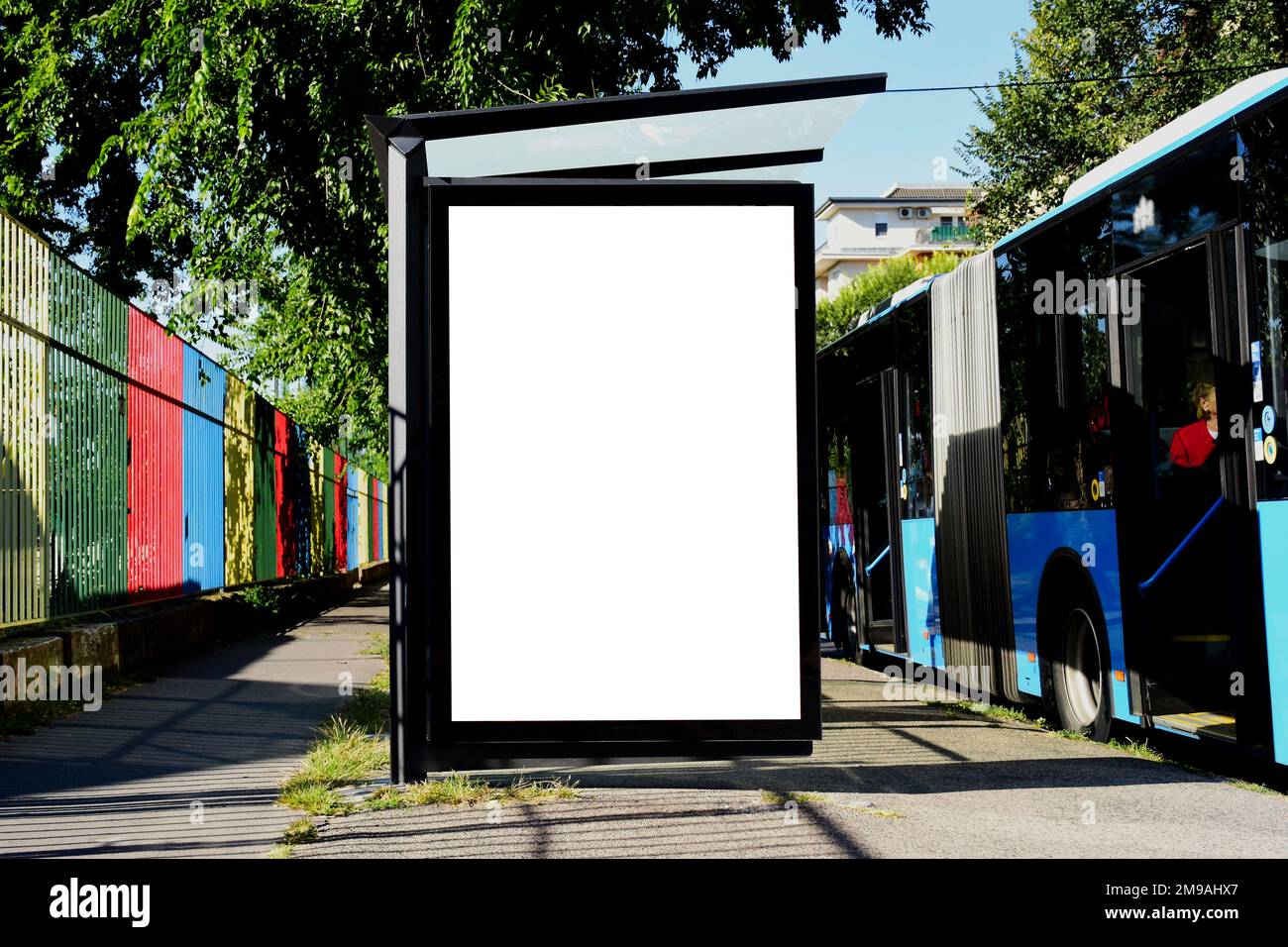 bus shelter with lightbox ad sign. mock-up background. glass billboard ...