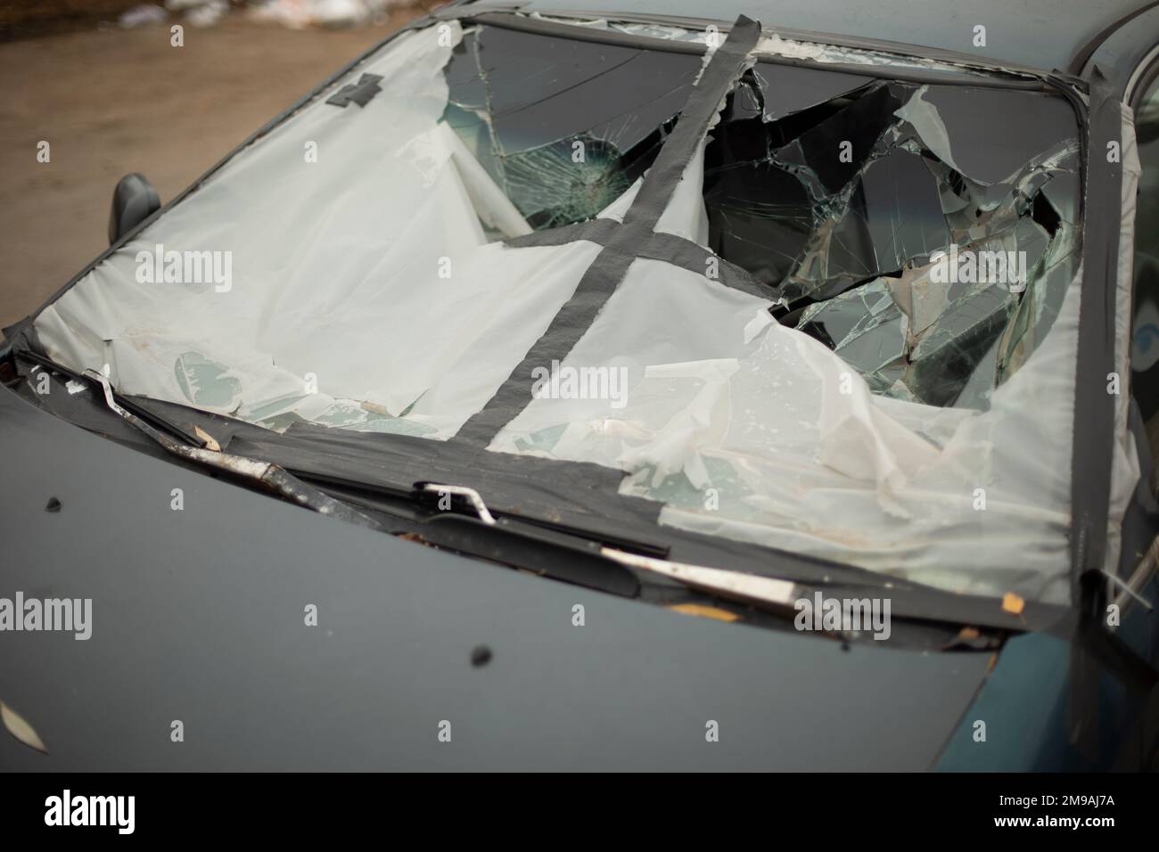 Broken car glass. Car after accident. Destroyed body of transport ...