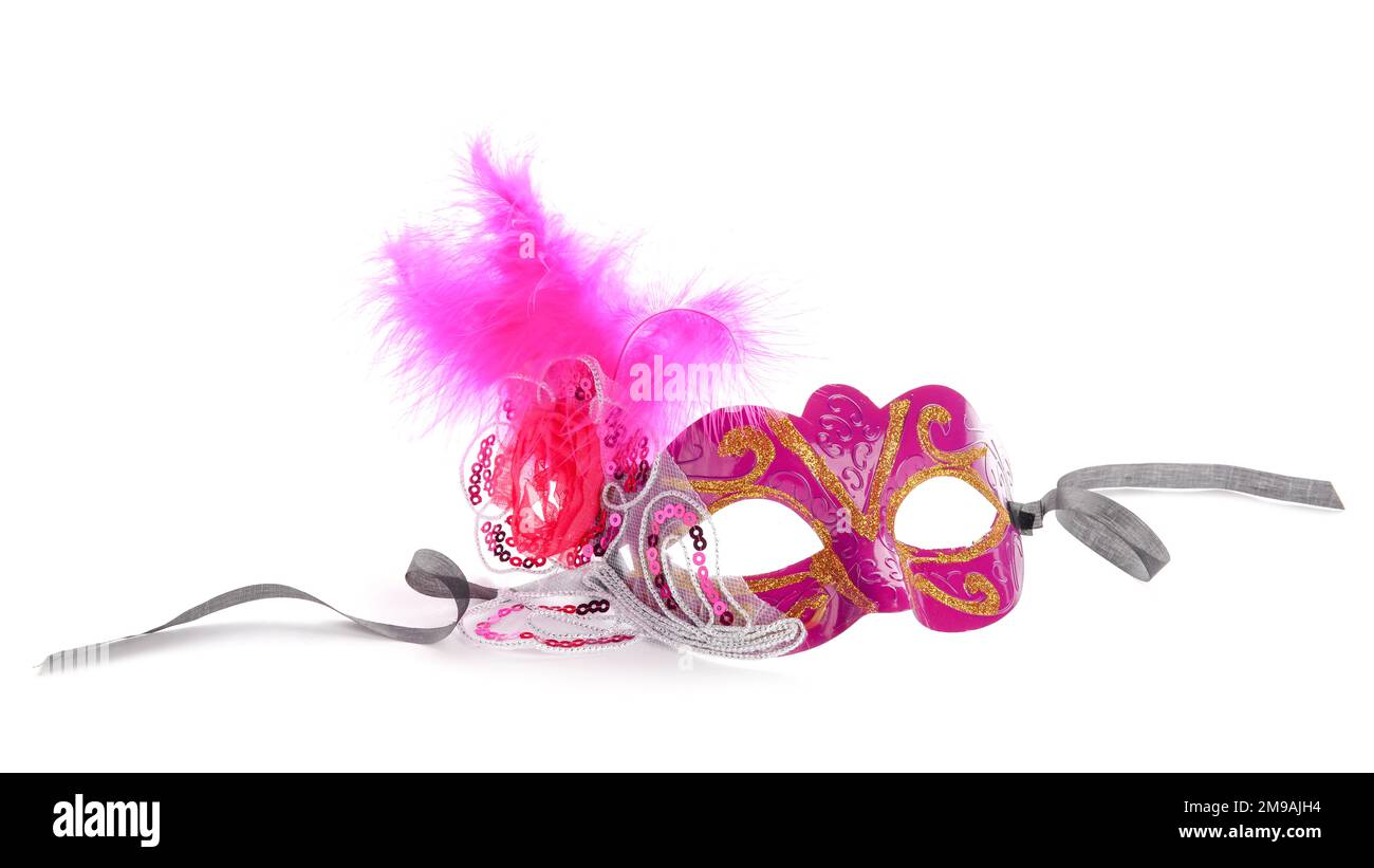 Pink carnival mask for Mardi Gras celebration on white background Stock ...