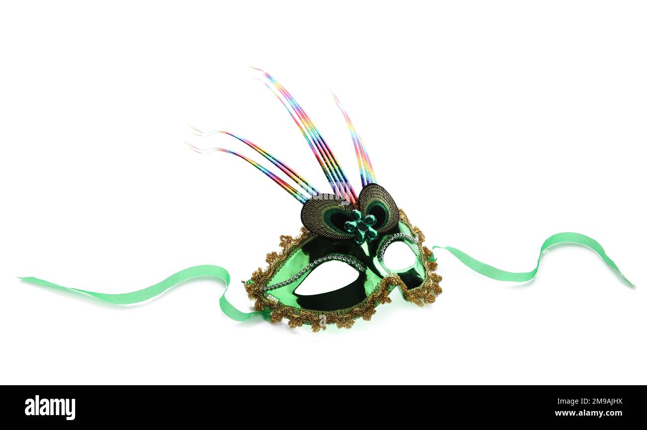 Green carnival mask for Mardi Gras celebration on white background ...