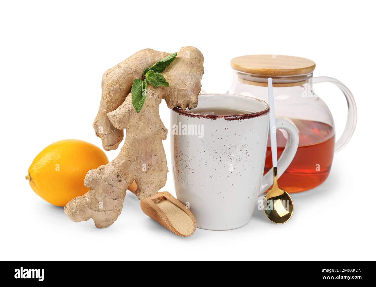 Ginger root, cup of black tea and lemon isolated on white background ...