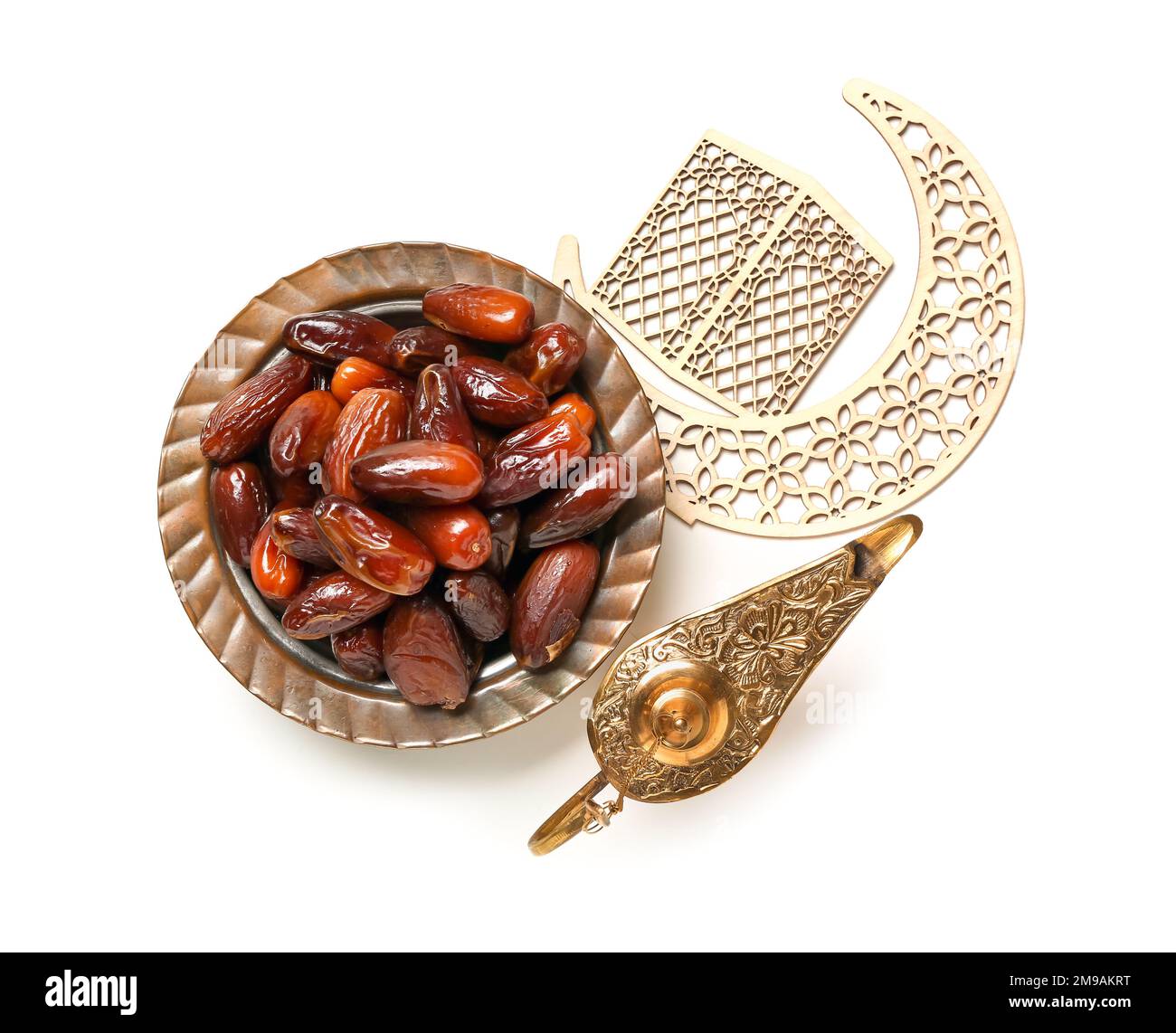 Plate with dates, Muslim lamp and decorative crescent for Ramadan on ...