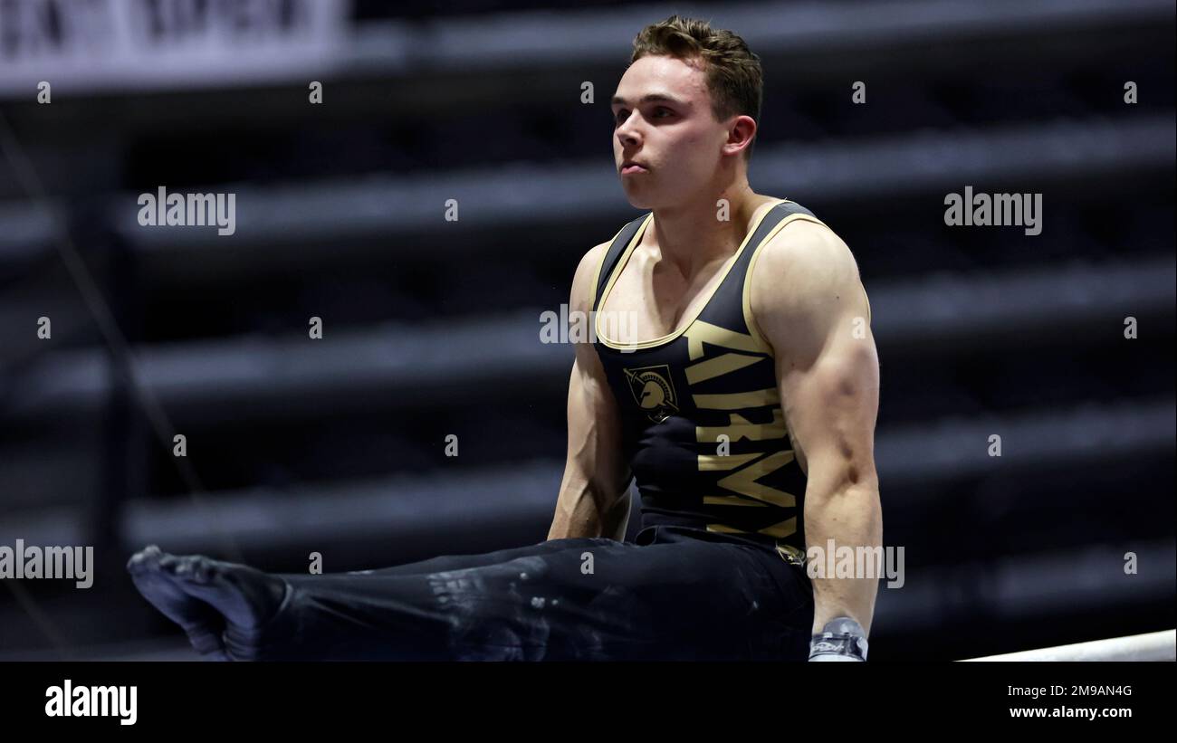 Army's Jackson Pophal competes during an NCAA gymnastics meet on Friday ...