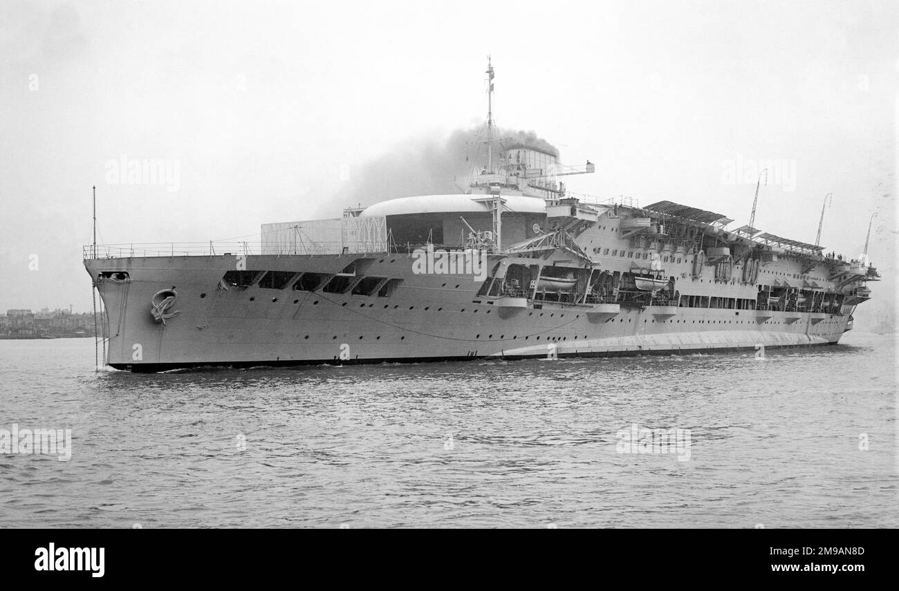 Royal Navy - HMS Glorious, aircraft carrier, at anchor, steaming up. HMS Glorious was the second ...