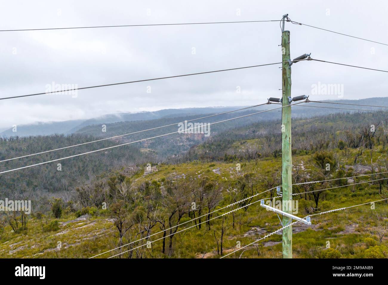 Drone aerial photograph of a green wooden powerline pole with a ...