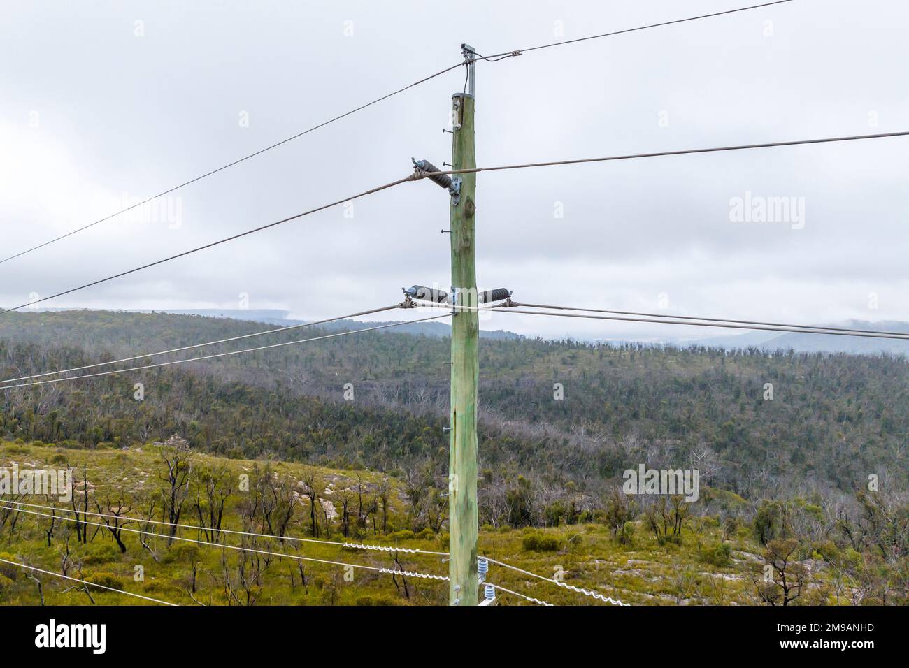 Drone aerial photograph of a green wooden powerline pole with a ...