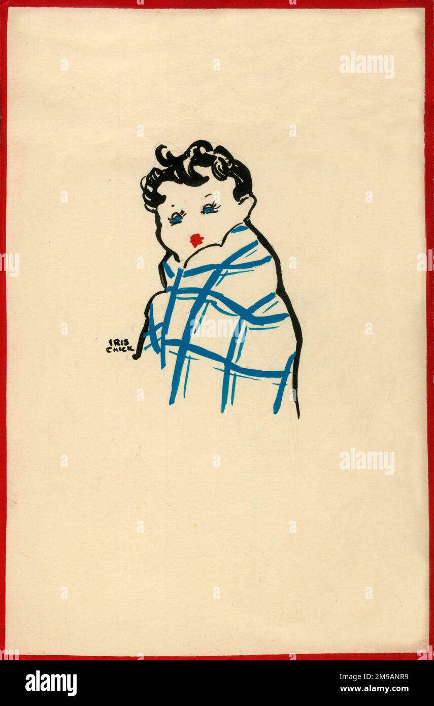 Postcard design artwork - Young boy (possibly a little poorly) huddled ...