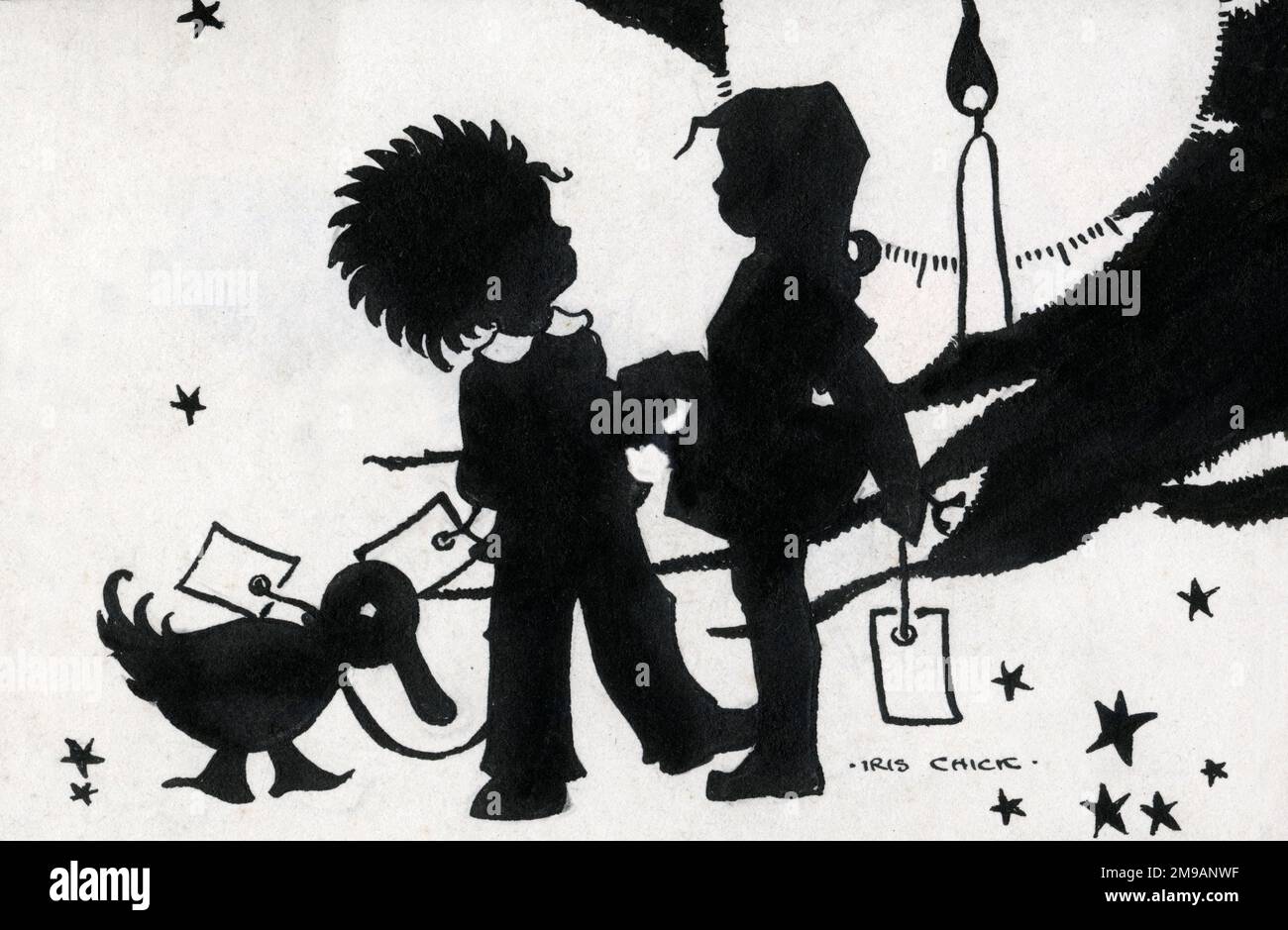 Postcard design artwork - Two children chat beneath the Christmas tree ...