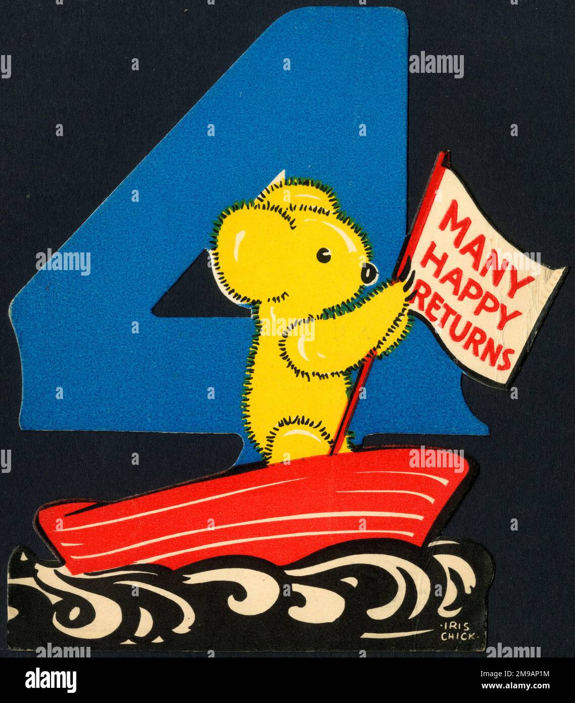 Design for a novelty 4th birthday card featuring a teddy bear and a ...