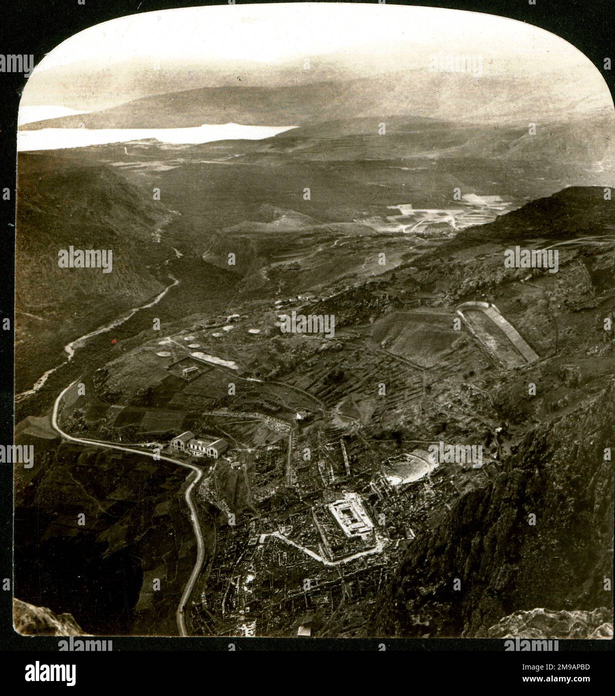 Delphi, Valley of Plaistos and distant Gulf of Corinth, Greece Stock ...