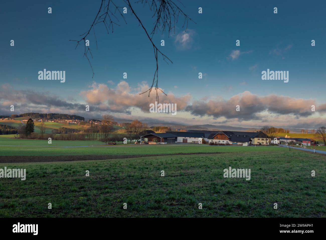 Landscape in north Austia in winter sunny morning without fresh snow ...