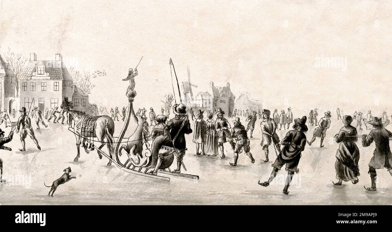 Medieval frost fair with people skating Stock Photo - Alamy