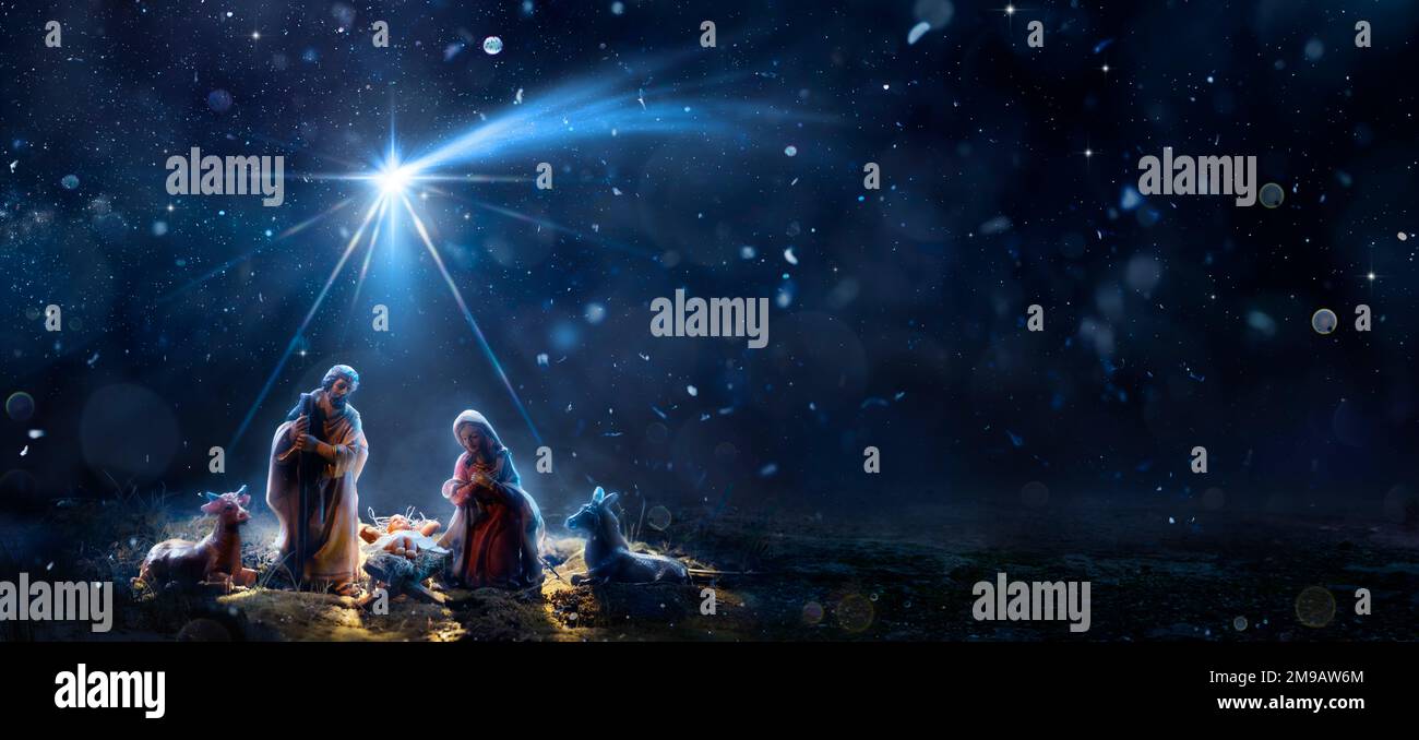 Nativity Of Jesus With Comet Star - Scene With The Holy Family In Snowy ...