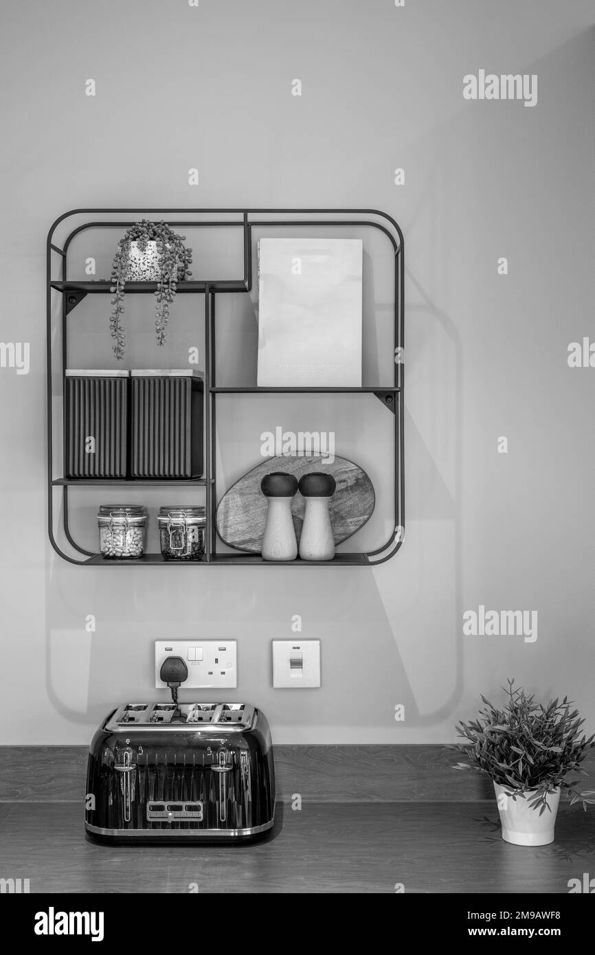 Black and white still life llifestyle of kitchen concept with wall ...