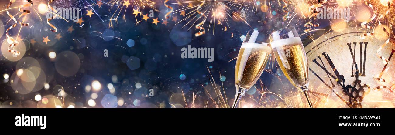 New Year Celebration In Eve Night - Toast With Champagne Clock Face And ...