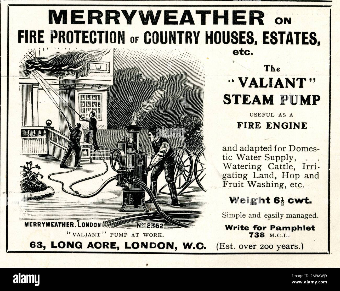 Advert, Merryweather, Long Acre, London, the Valiant fire-fighting ...