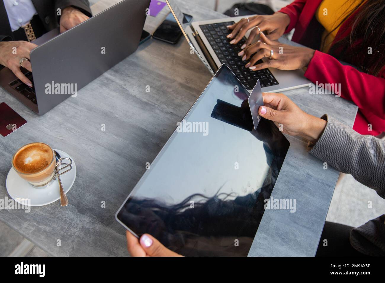 Three women shop online, female friends spend money with credit cards ...