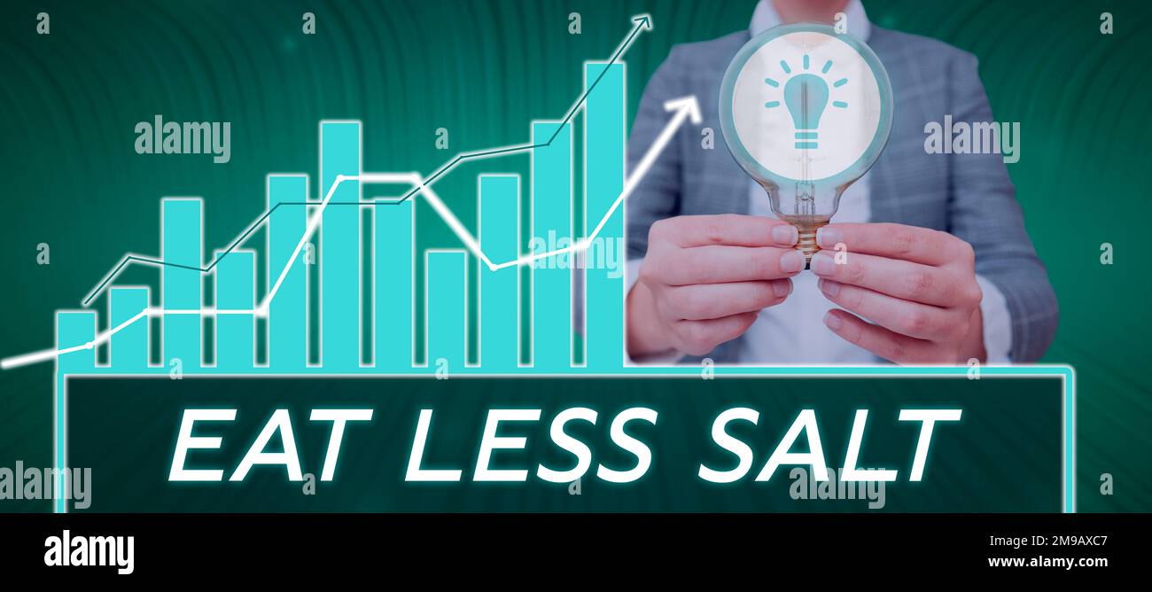 Sign displaying Eat Less Salt. Business idea reducing the sodium intake ...