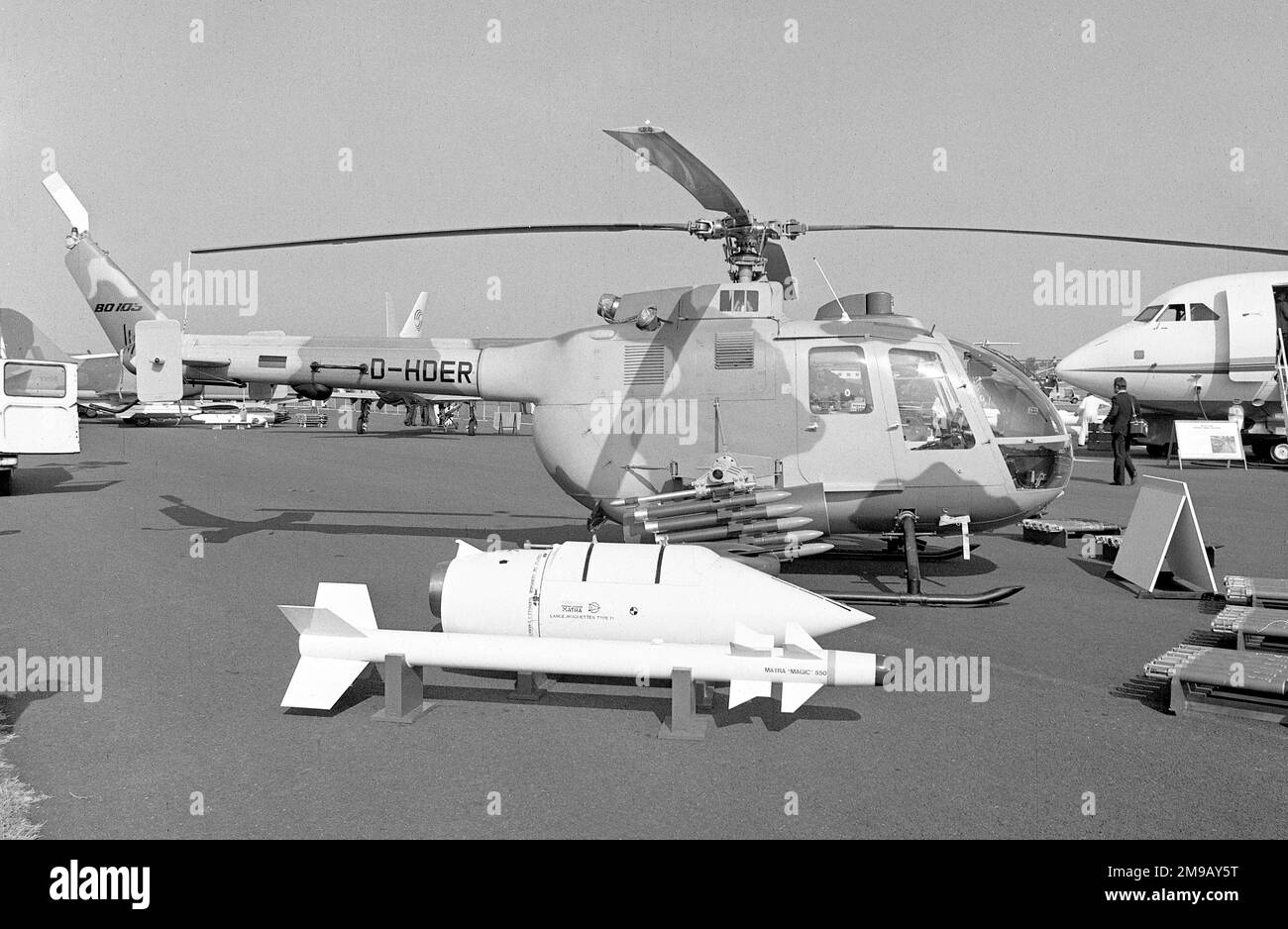 MBB Bo 105C D-HDER (msn S-150), at the SBAC Farnborough Air Show held ...