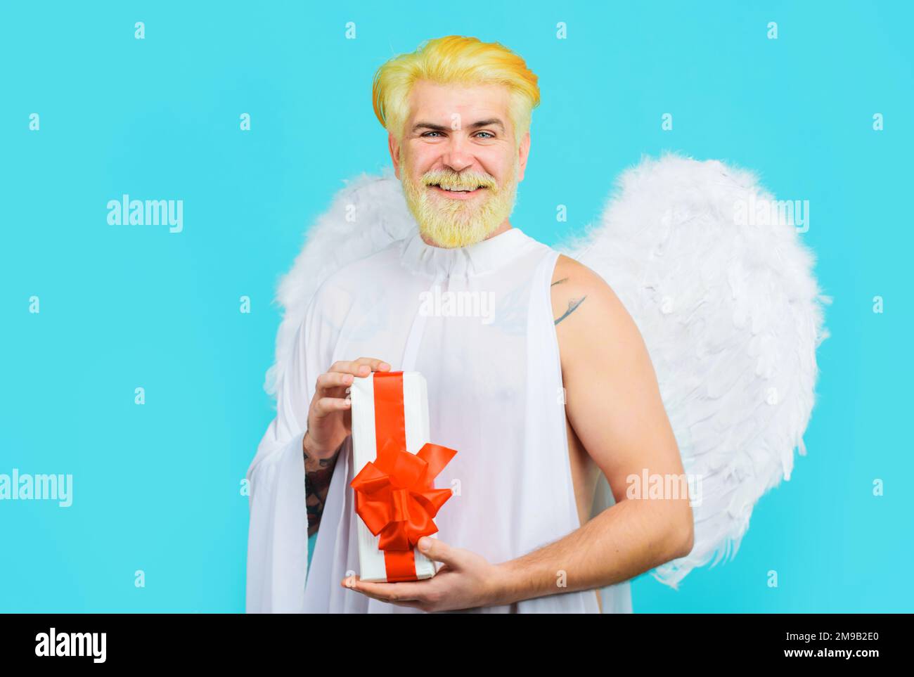 Cupid angel with present gift box. February 14. Happy Valentines Day ...