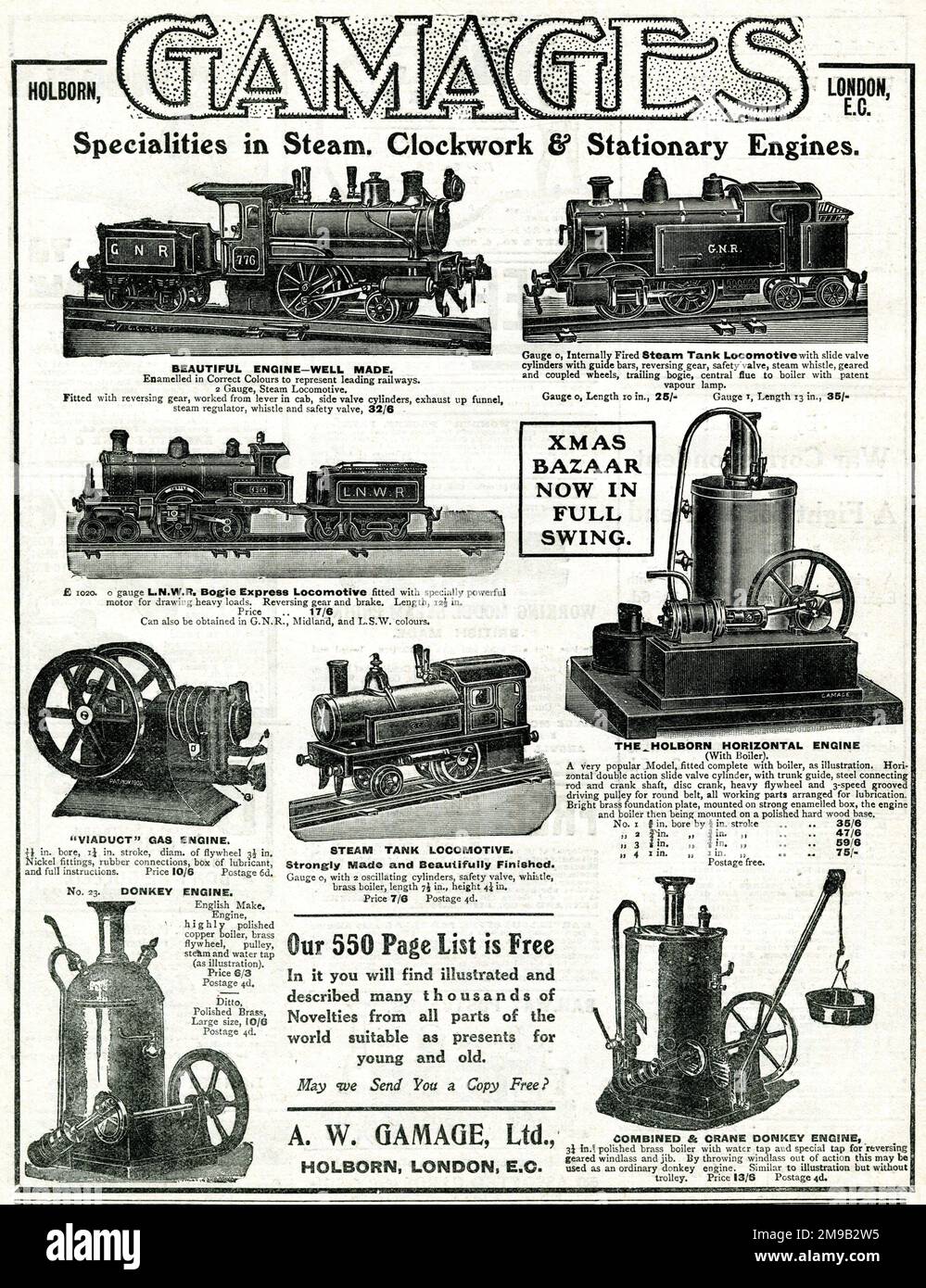 Advert, A W Gamage Ltd, Holborn, London, Steam Engines and Model ...