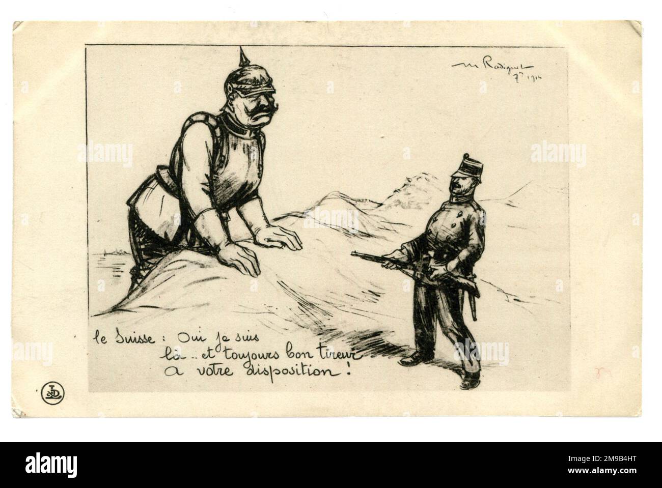 A small Swiss soldier confronts a large Kaiser image with the words 'Be ...