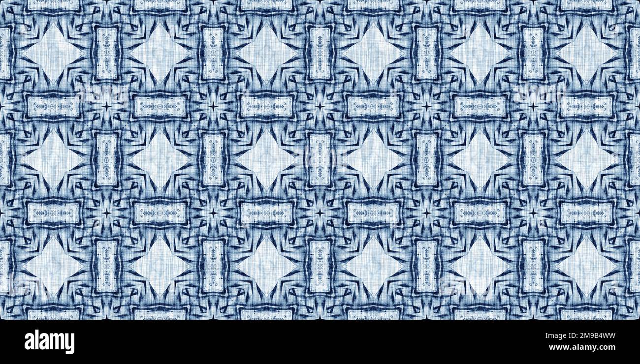 Indigo dye wash coastal damask seamless border pattern. Washed out ...