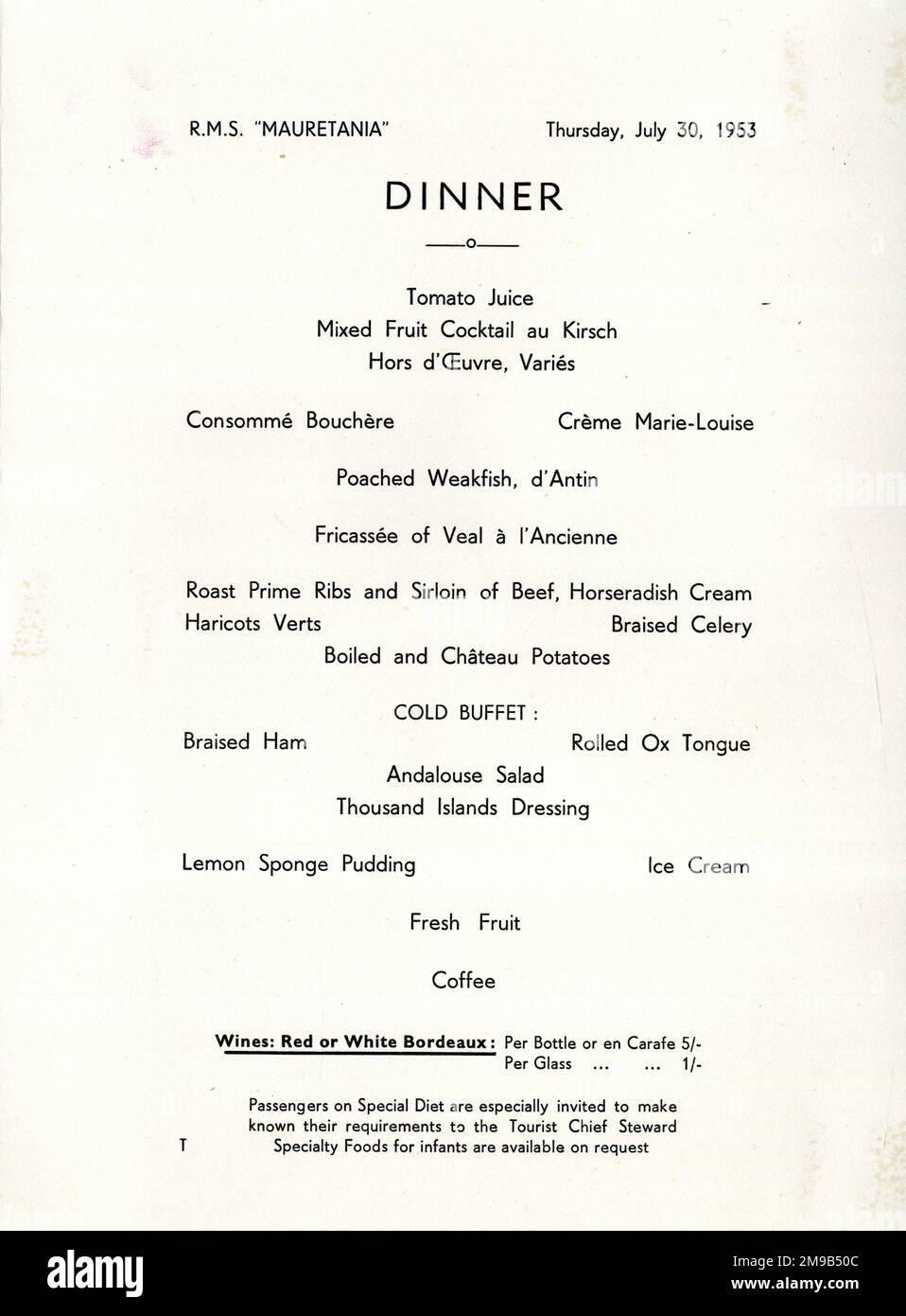Dinner Menu, Cunard liner RMS Mauretania, 30 July 1953 - at this time ...