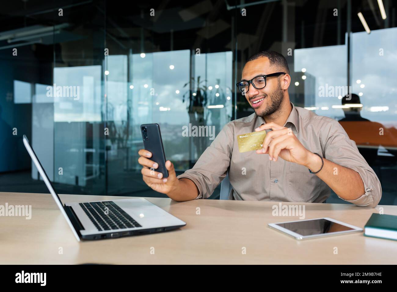 Successful hispanic businessman inside office, man in shirt smiling and ...