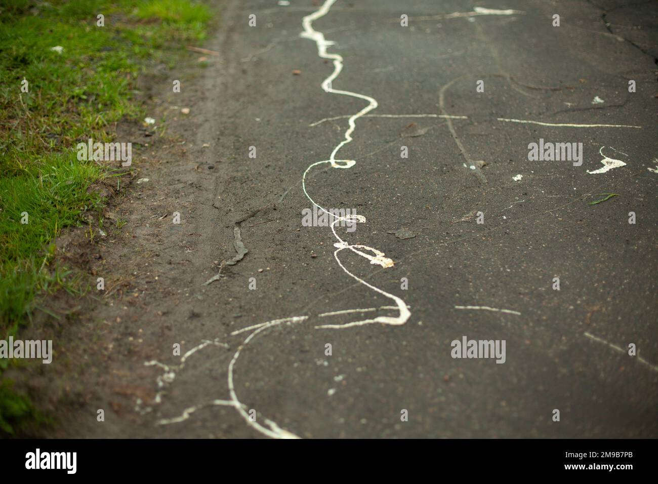 Paint on asphalt. Splashes of white paint on road. Soiled surface ...